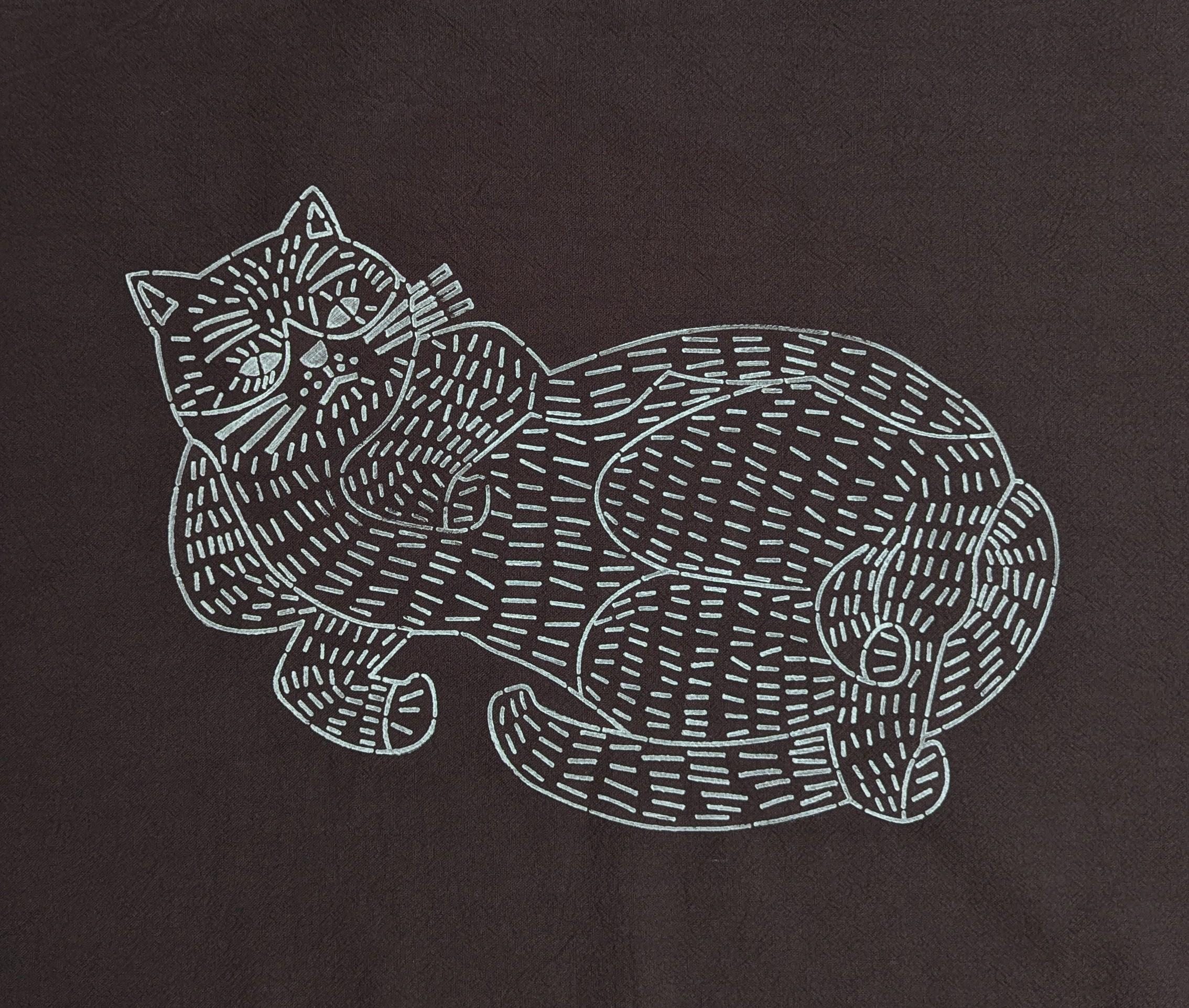 Sashiko Panel: Laying Cat Pre-printed Indigo Cotton Embroidery - Etsy