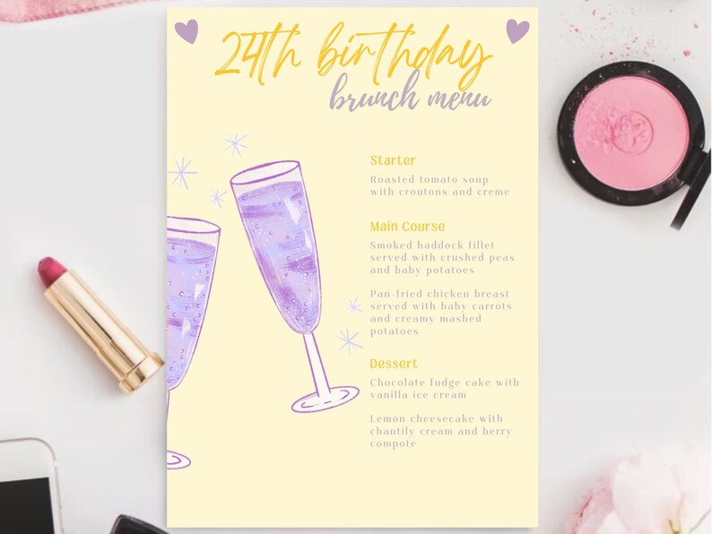 Purple Yellow Bachelorette Party Menu Template, Girls Birthday Party ...