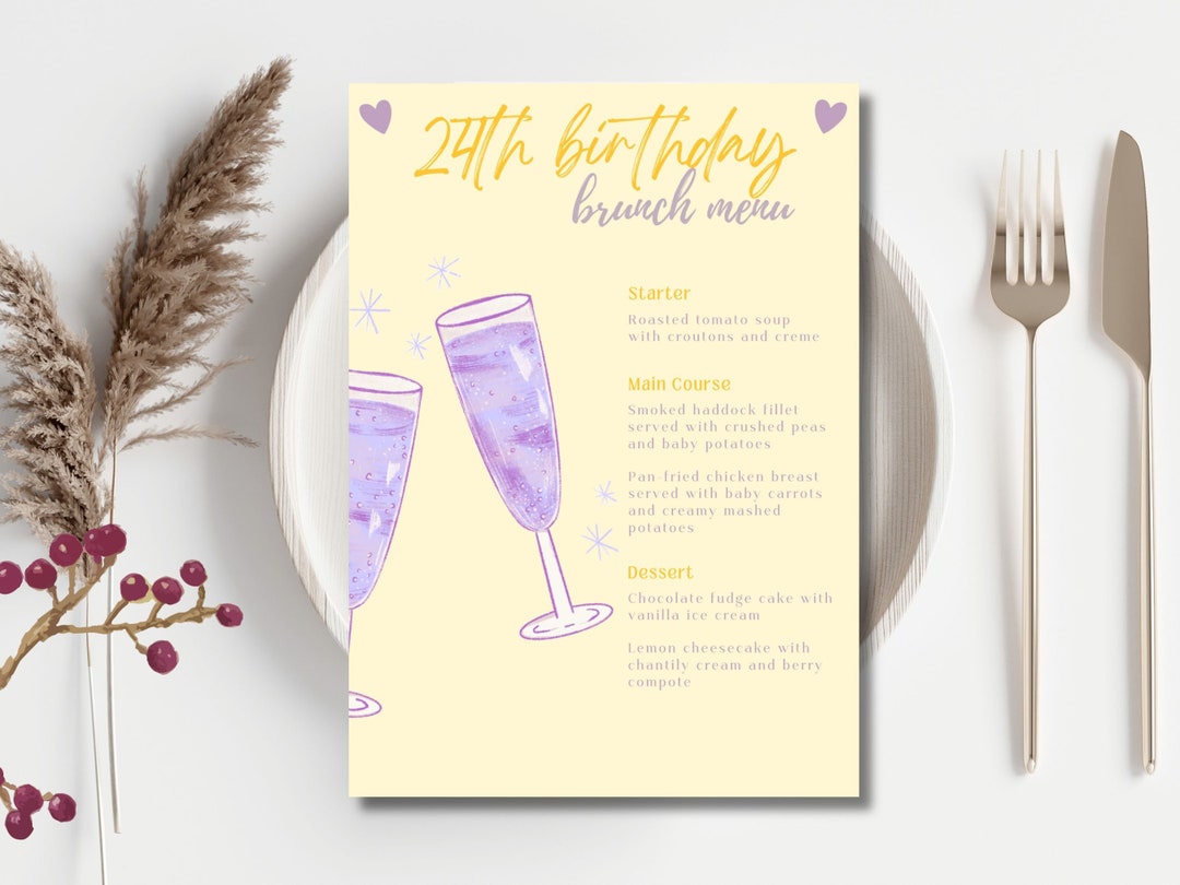 Purple Yellow Bachelorette Party Menu Template, Girls Birthday Party ...