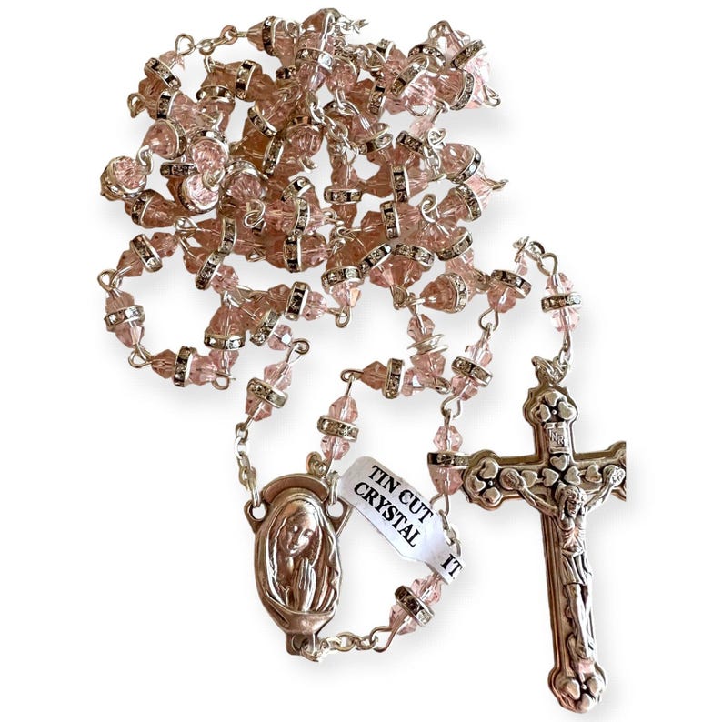 Blessed Virgin Mary - Pink Shiny Crystal Rosary - Rhinestone - Blessed ...