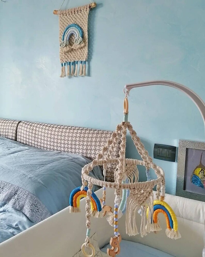 Macrame Blue Baby Carousel, Newborn Baby Rainbow, Macrame Moon, Macrame ...