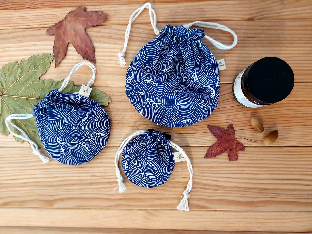 Set of Cotton Drawstring Bags, Wave Print Round Pouch, Oriental Jewelry ...