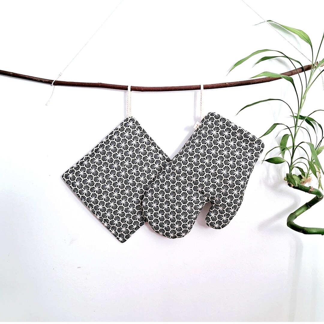 Black Oven Mitt Trivet Set, Handmade Oven Mitt, Black Cotton Pot Holder ...
