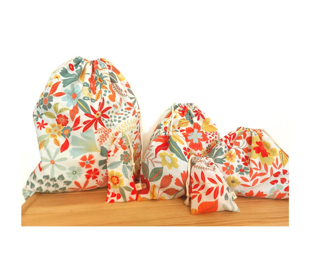 Floral Drawstring Bags, Cotton Floral Pouch, Floral Gift Bags, Pochon ...