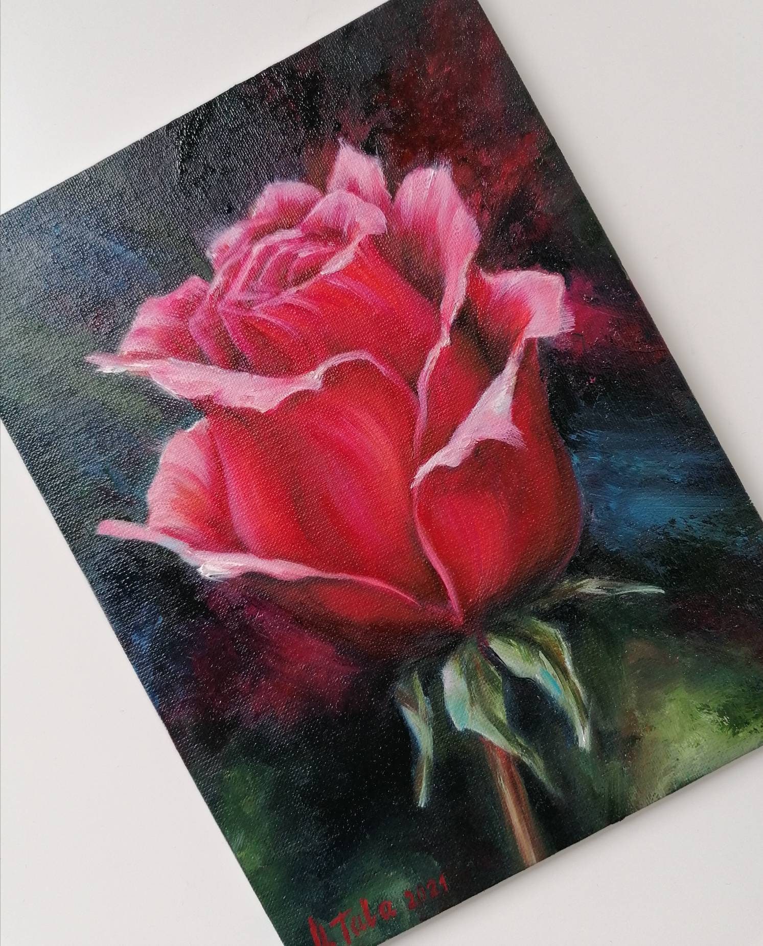 Red Rose on Dark Oil Painting Original Small Painting Fine Art - Etsy