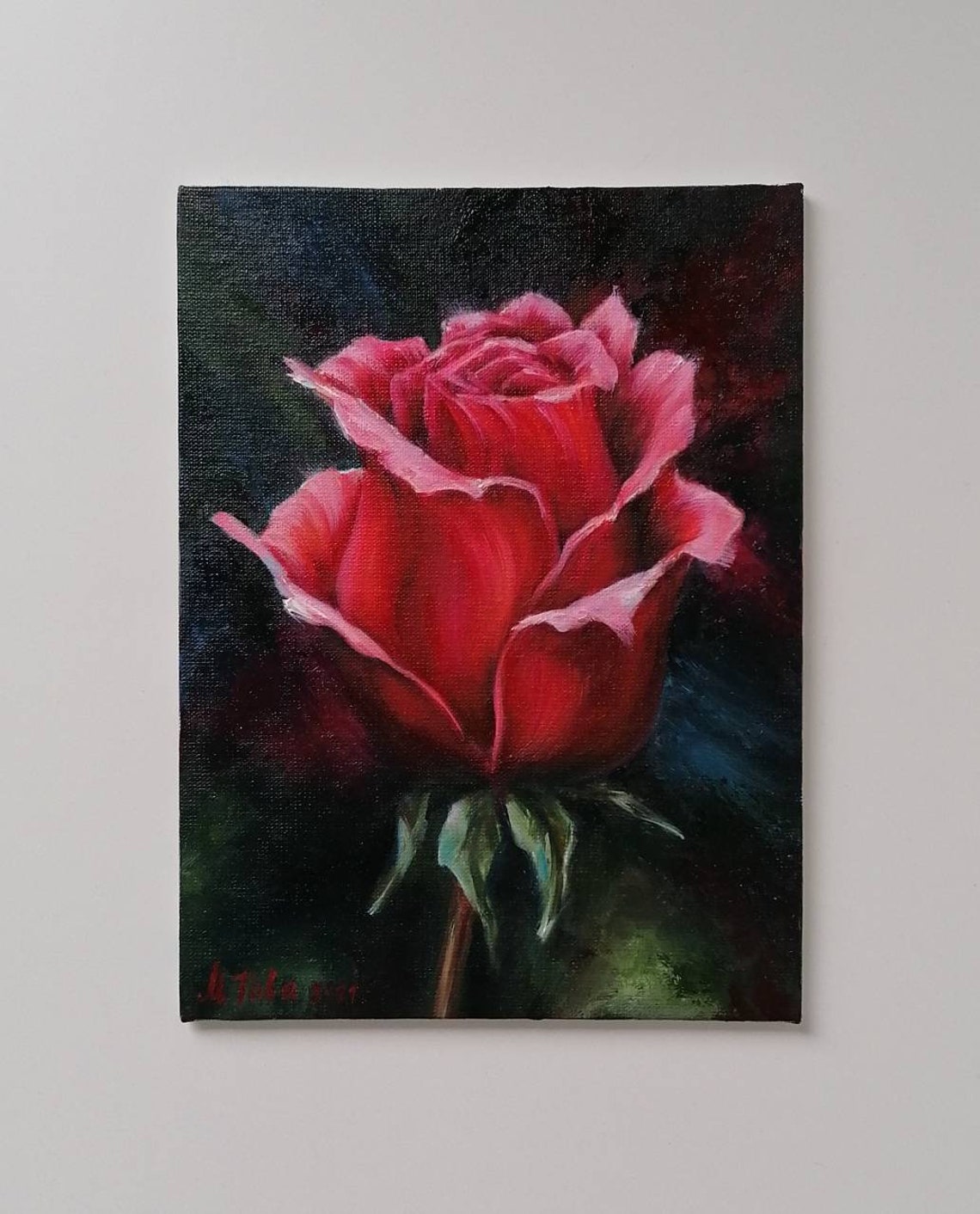Red Rose on Dark Oil Painting Original Small Painting Fine Art - Etsy