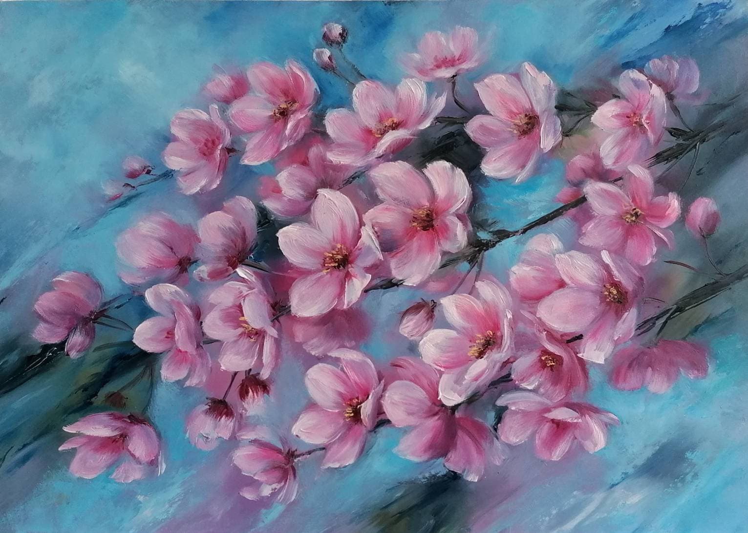 Painting Oil Art & Collectibles Sakura Blossom Oil Painting Original ...