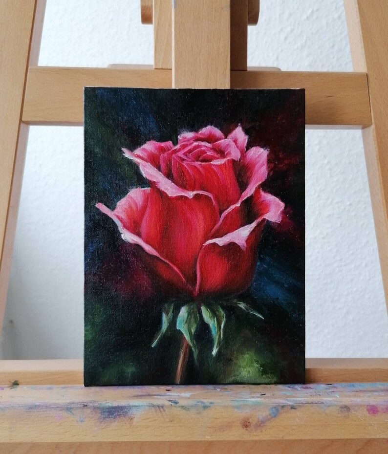 Red Rose on Dark Oil Painting Original Small Painting Fine Art - Etsy