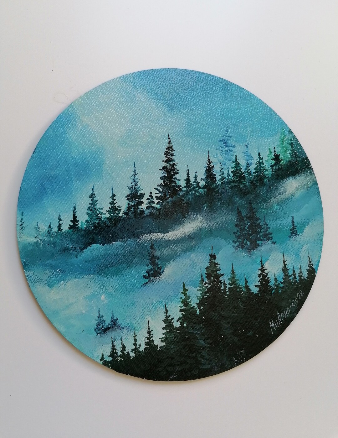 Forest Painting Navy Blue Landscape Original Pine Trees Small Round ...