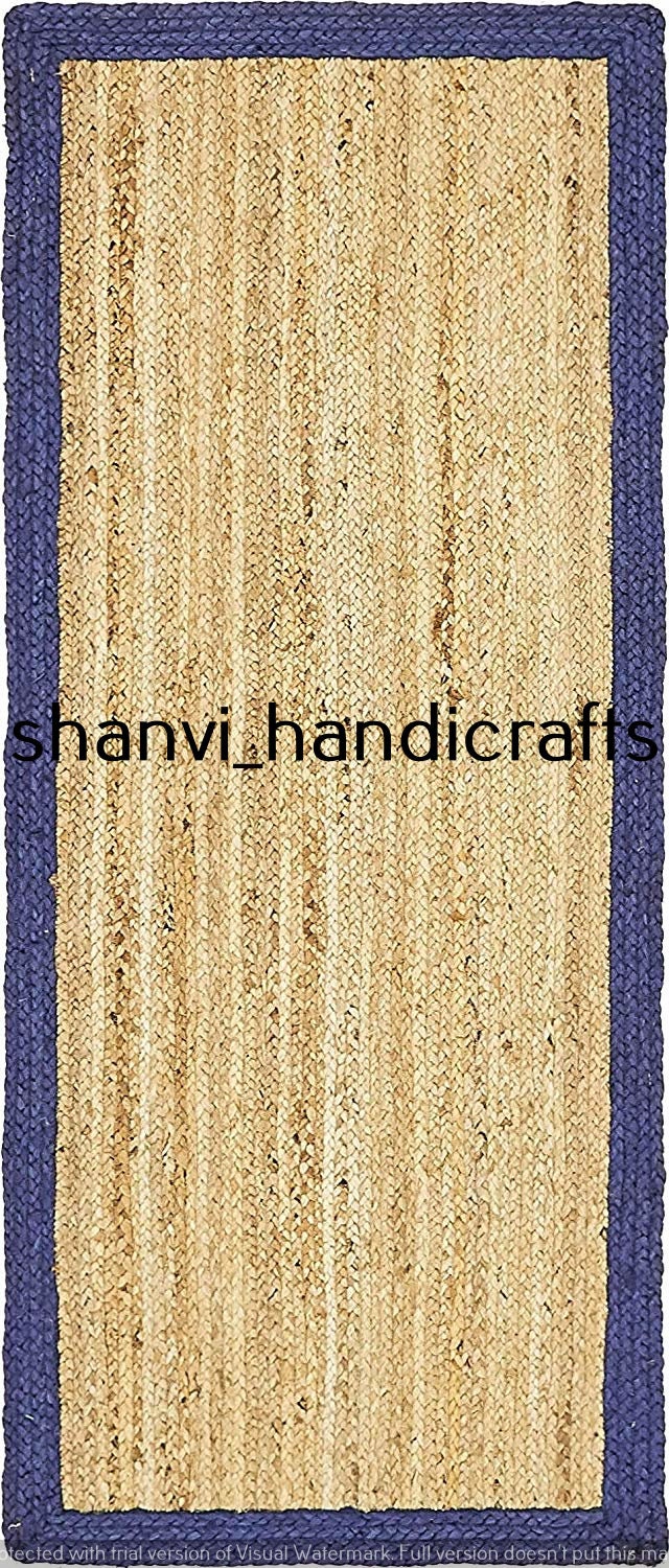 Handwoven Indian Bohemian Braided Jute Runner Rug Area Rug Blue & Beige ...