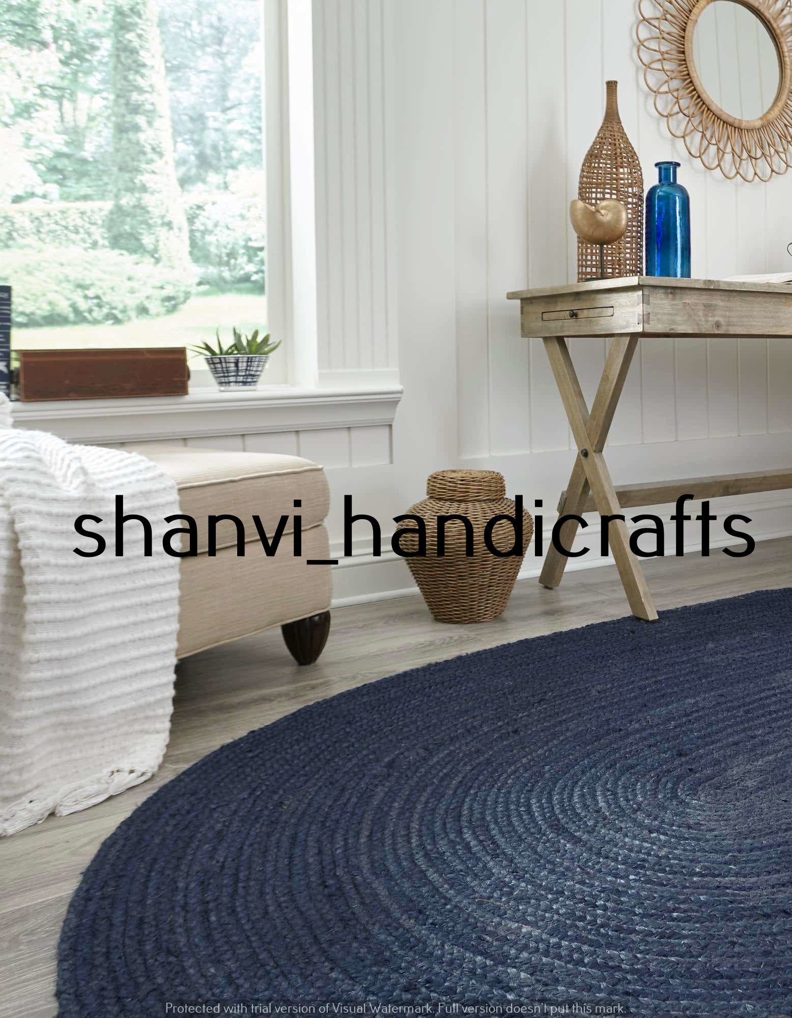Hand Braided Bohemian Blue Color Jute Area Rug Blue Color Home Decor ...
