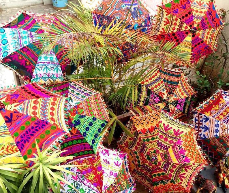 Indian Wedding Umbrella Decoration 7 Pcs Mirror Work Vintage Parasols ...