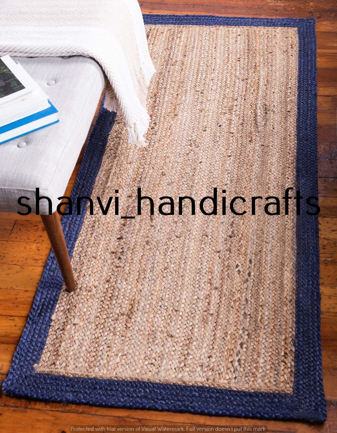 Handwoven Indian Bohemian Braided Jute Runner Rug Area Rug Blue & Beige ...