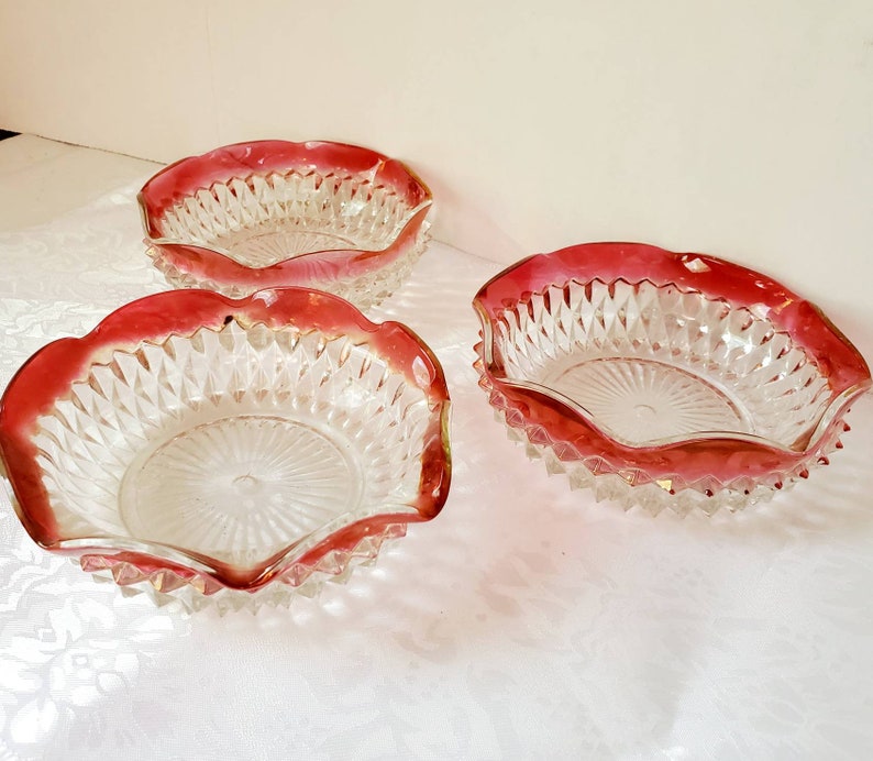 Vintage Diamond Point Ruby Flash Indiana Glass Ruffled Edge Candy Dish ...