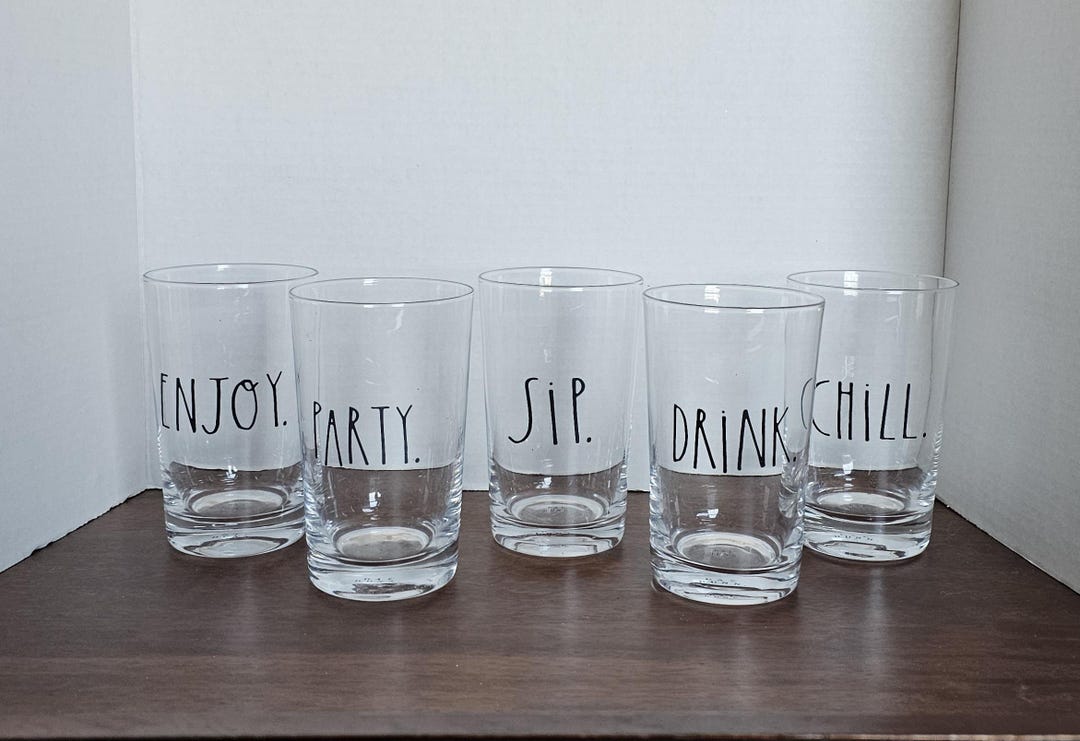 Set of 5 Rae Dunn Glass Tumblers Party Drink Sip Chill Enjoy 5 1/2 ...