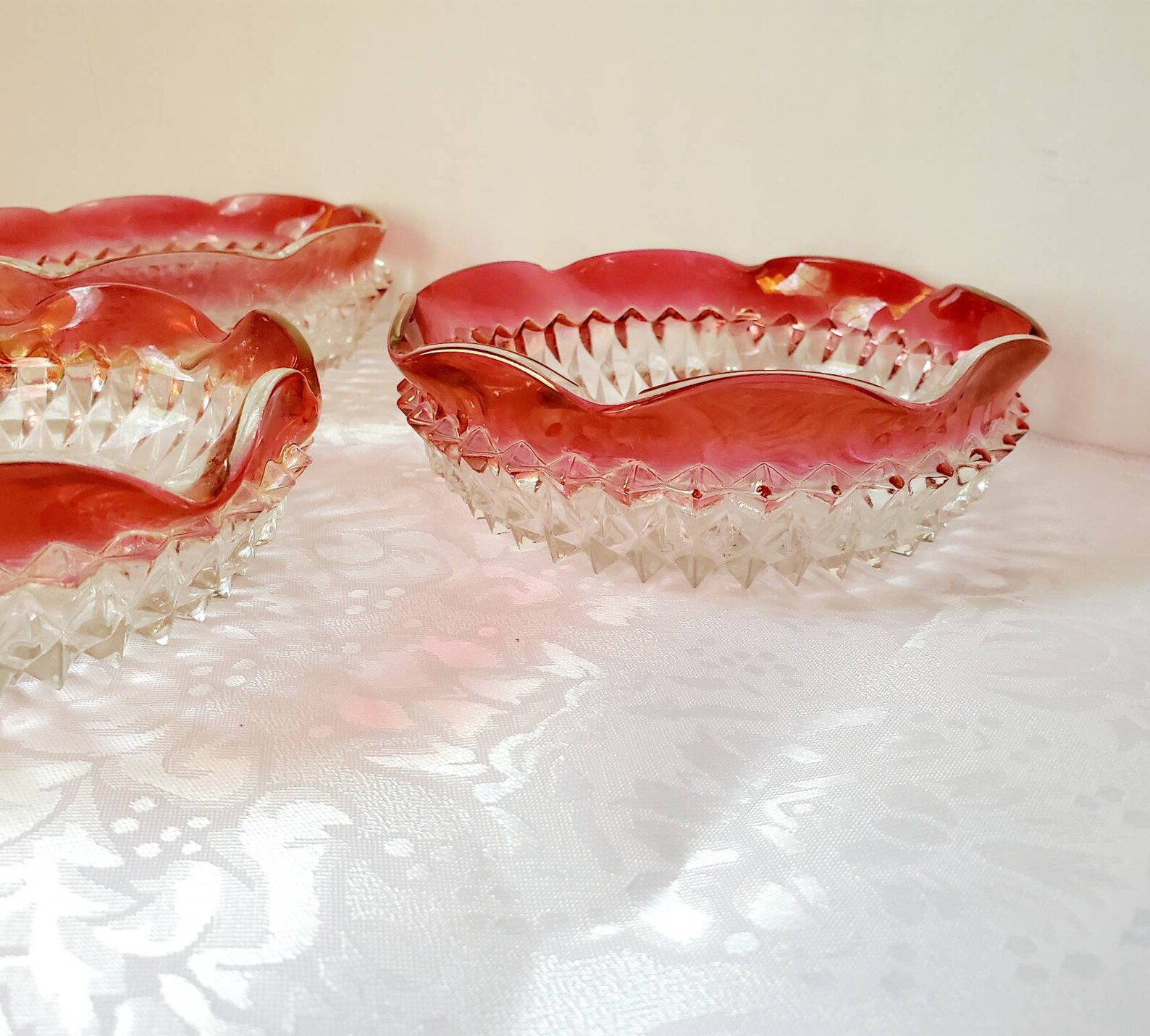 Vintage Diamond Point Ruby Flash Indiana Glass Ruffled Edge Candy Dish ...