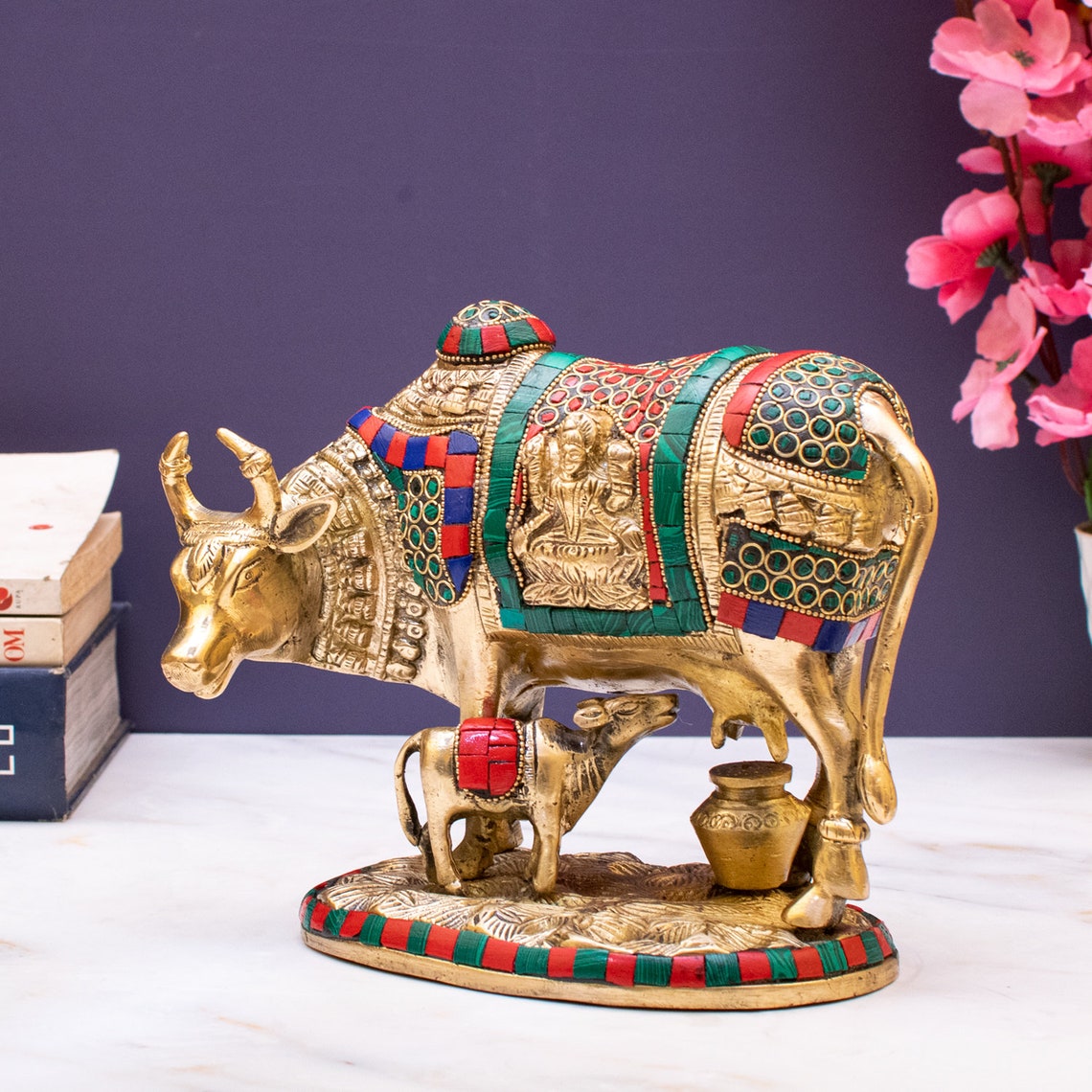Brass Cow & Calf Statue With Stonework, Kamdhenue Showpiece for Home ...