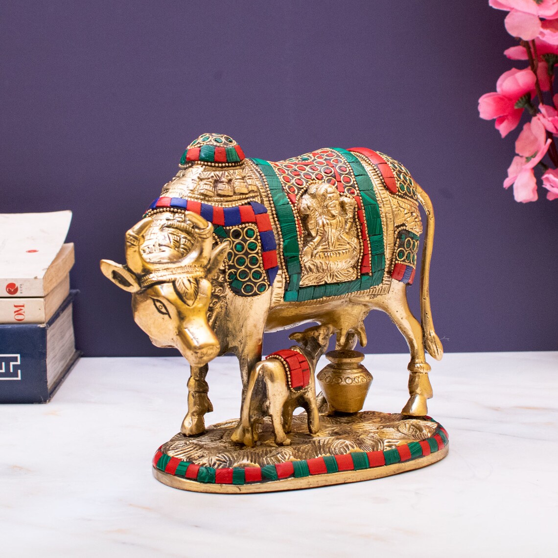 Brass Cow & Calf Statue With Stonework, Kamdhenue Showpiece for Home ...