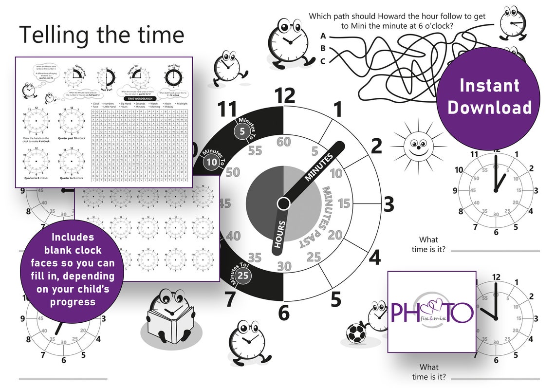 Telling the Time, Includes Time Word Search, Printable Practice Sheet ...
