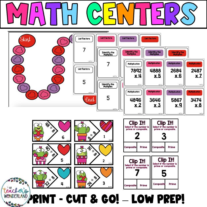 Valentine's Day February Math Centers for 4th Grade Math Games Low Prep ...