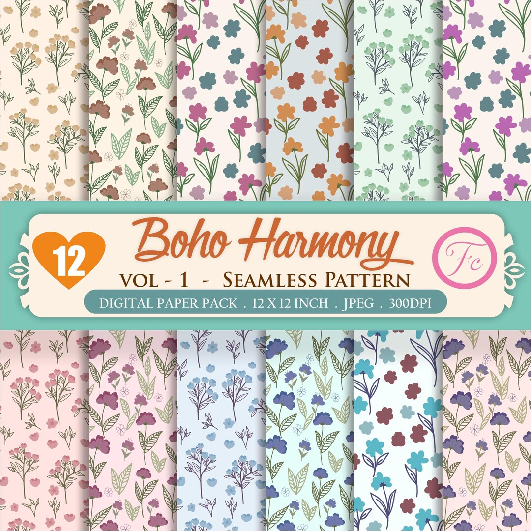 Boho Floral Seamless Pattern – 12 Digital Papers (instant Download) - Etsy