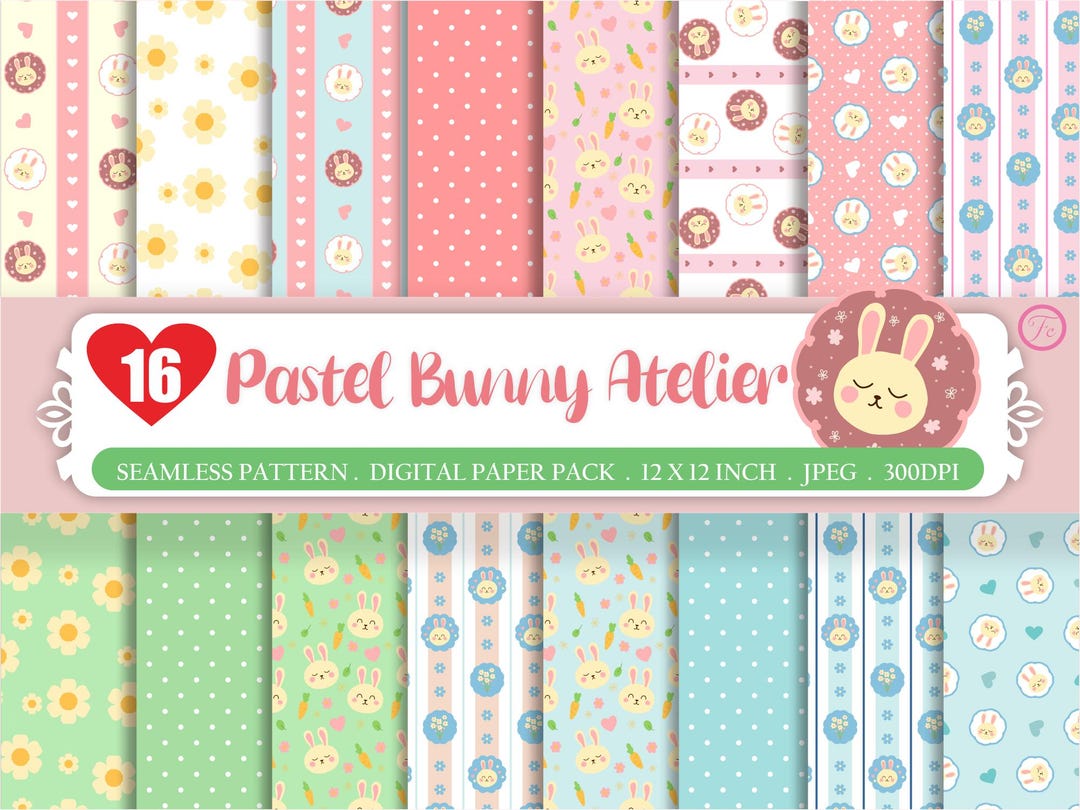 Pastel Bunny Digital Paper Pack |16 Seamless Pattern | Baby Shower ...