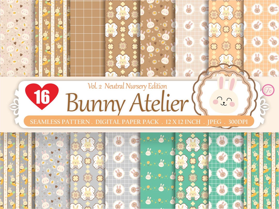 Neutral Bunny Digital Paper Pack | 16 Seamless Pattern | Baby Nursery ...