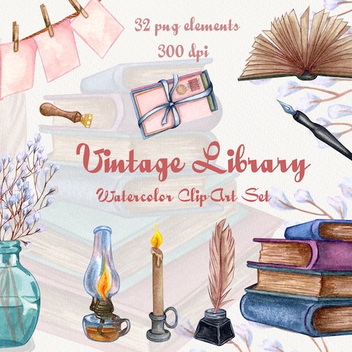 Watercolor Vintage Books Library Clipart. PNG on Transparent - Etsy