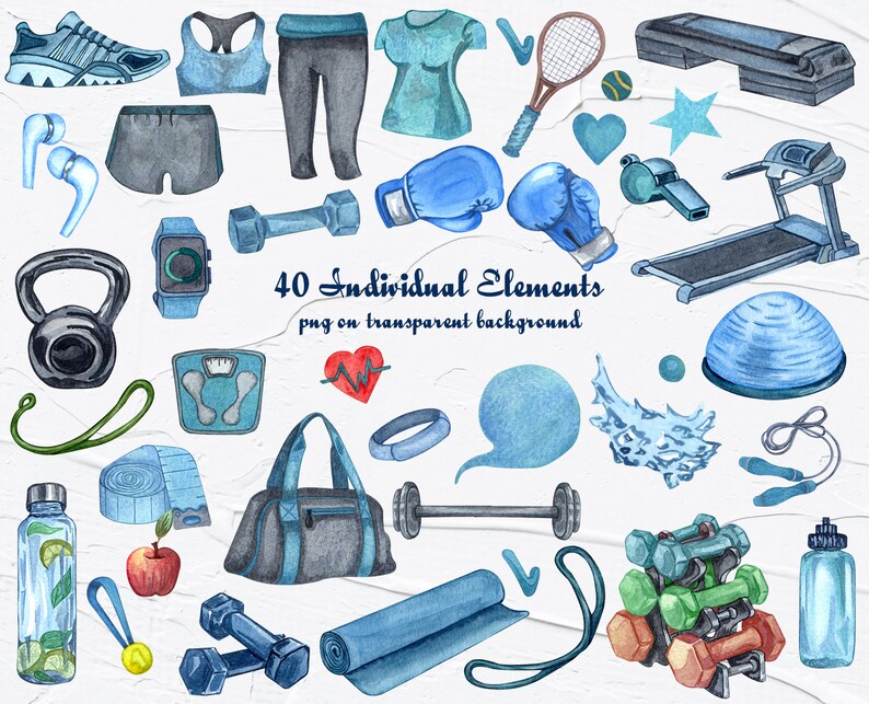 Sport Clipart. Fitness Watercolor Clip Art. Gym Equipment | Etsy