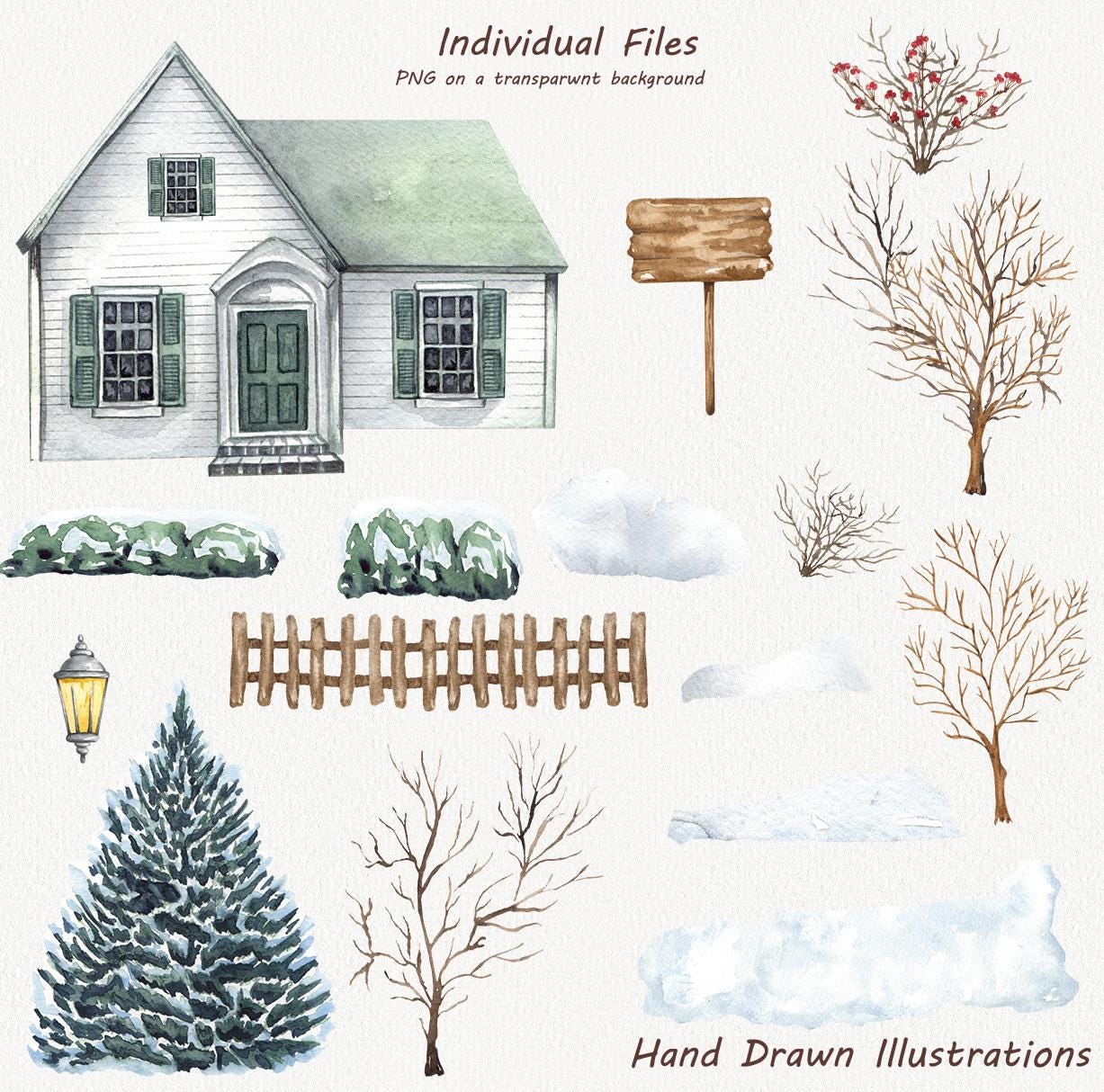Watercolor Winter House Clipart. Christmas Clipart. Snowy Houses Scene ...