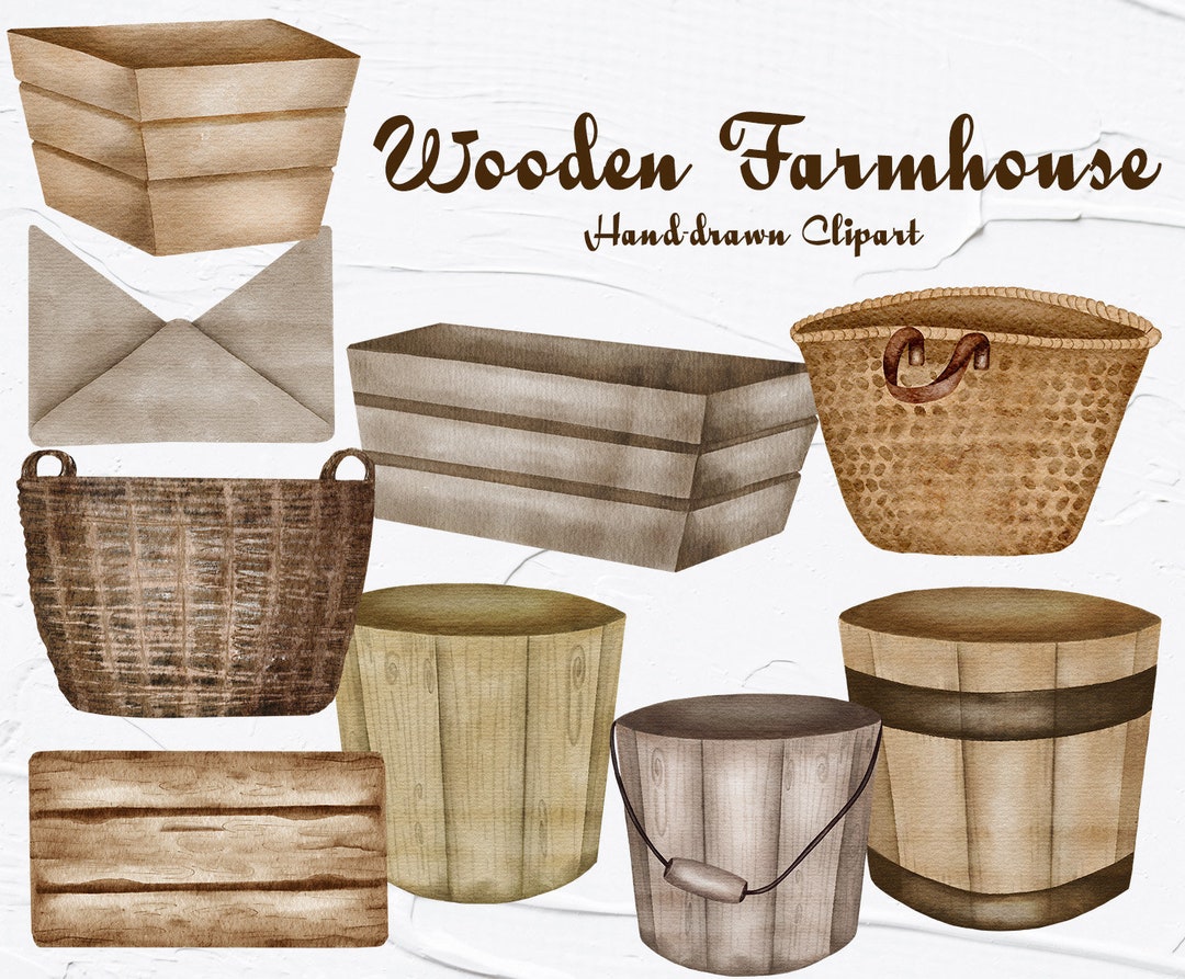 Rustic Watercolor Clipart. Wooden Farmhouse Clipart. Farmhouse Basket ...