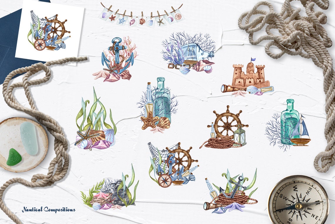 Nautical Watercolor Clipart. Ocean Watercolor Clipart. Marine - Etsy