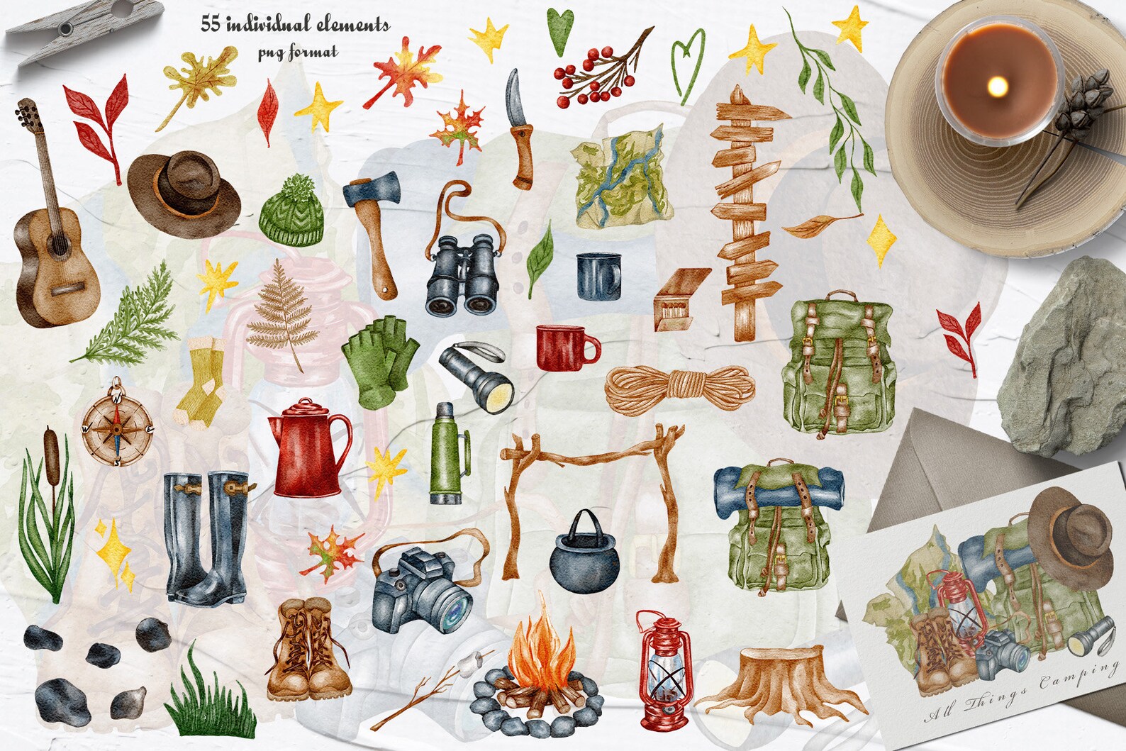 Camping Watercolor Clipart. Woodland Camping Clipart. Watercolor Wild ...
