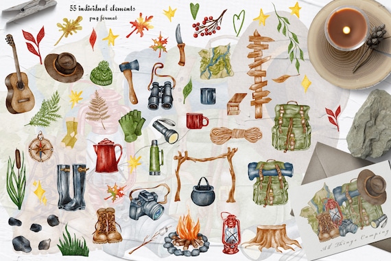 Watercolor wild camping Camper Travel Woodland camping Clipart Hiking ...