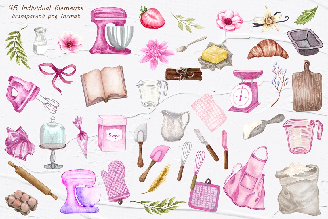 Watercolor Baking Clipart. Baking Supplies Illustration. | Etsy