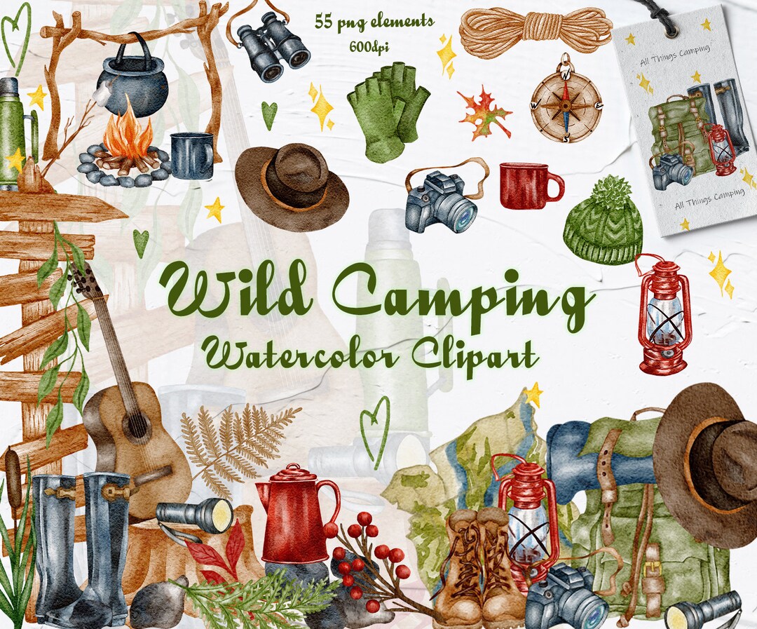 Camping Watercolor Clipart. Woodland Camping Clipart. Watercolor Wild ...
