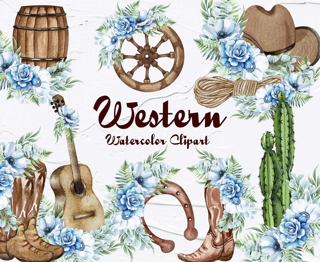 Western Watercolour Clipart. Blue Floral Cowboy Boots. Country Clipart ...
