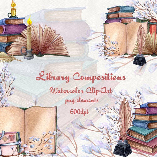 Watercolor Book Clipart Set Vintage Books Library Graphics - Etsy