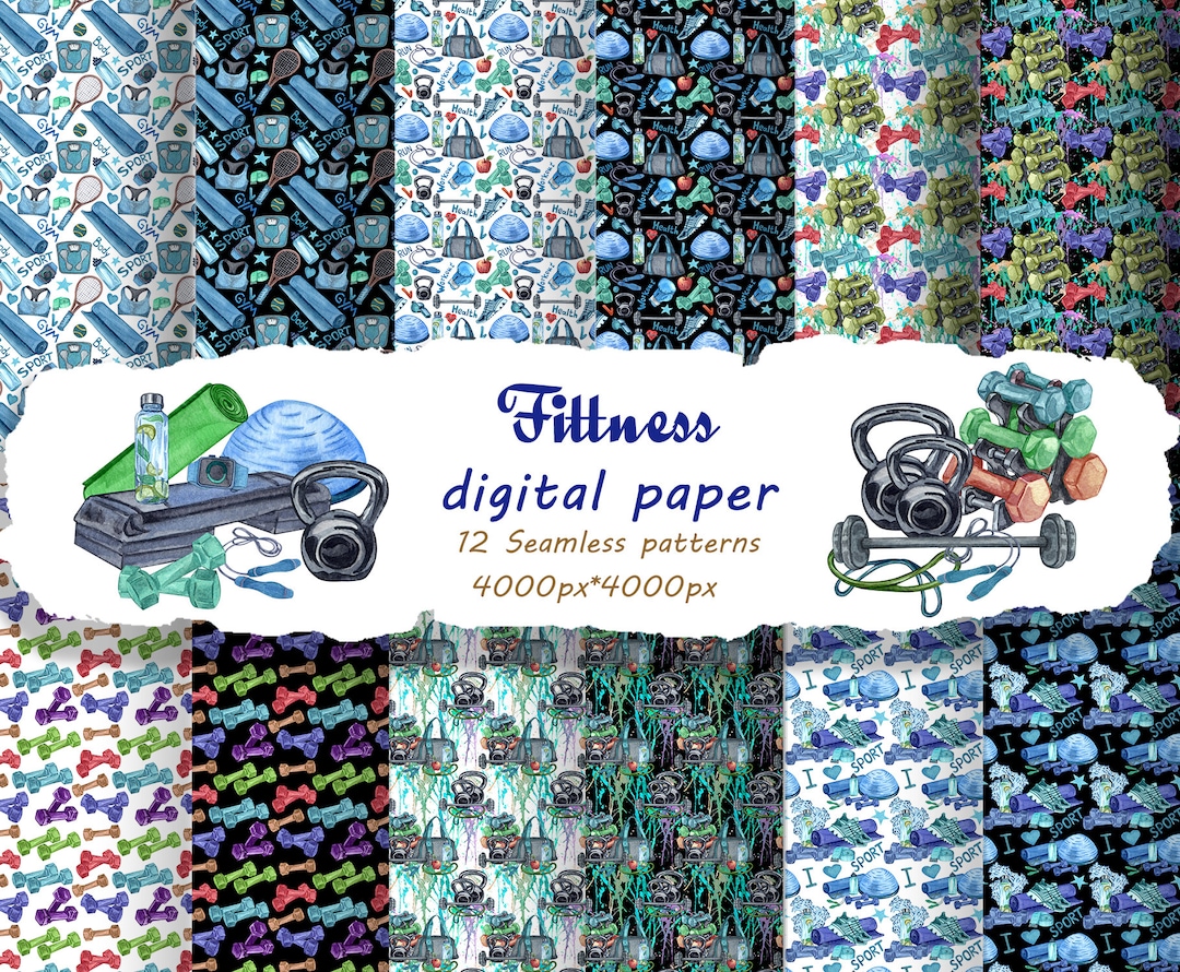 Fitness Digital Paper. Sport Seamless Patterns. Fitness Watercolor ...