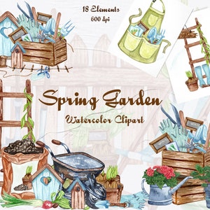 Spring Garden. Gardening Watercolor Clipart. Garden Tools Illustration ...