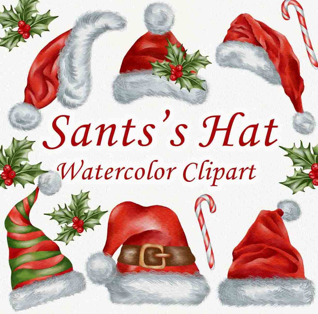 Watercolor Santa Hat Clipart. Red Christmas Hat Clipart. Santa Clause ...