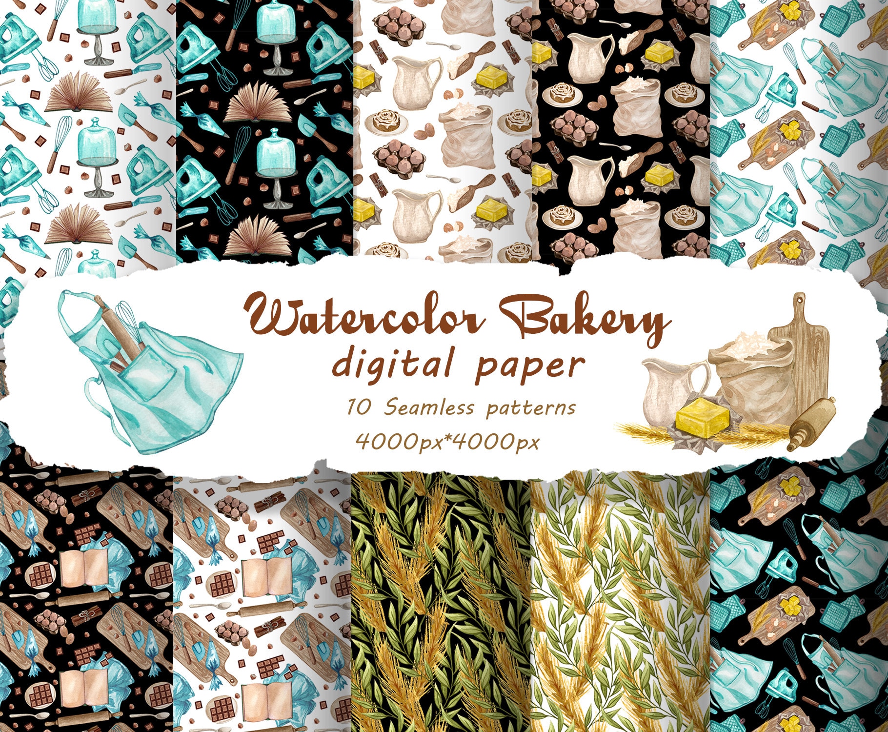 Bakery Digital Paper Pack. Baking Illustration. Watercolor - Etsy
