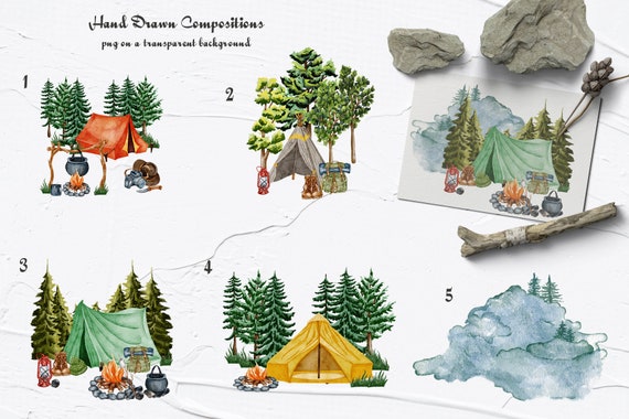 Watercolor wild camping Camper Travel Woodland camping Clipart Hiking ...