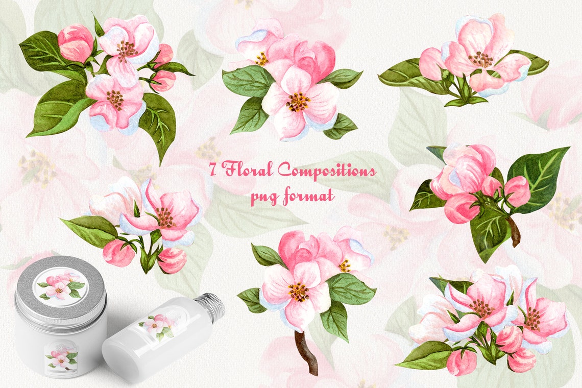 Apple Blossom Watercolor Set. Realistic Flower Clip Art for Instant ...