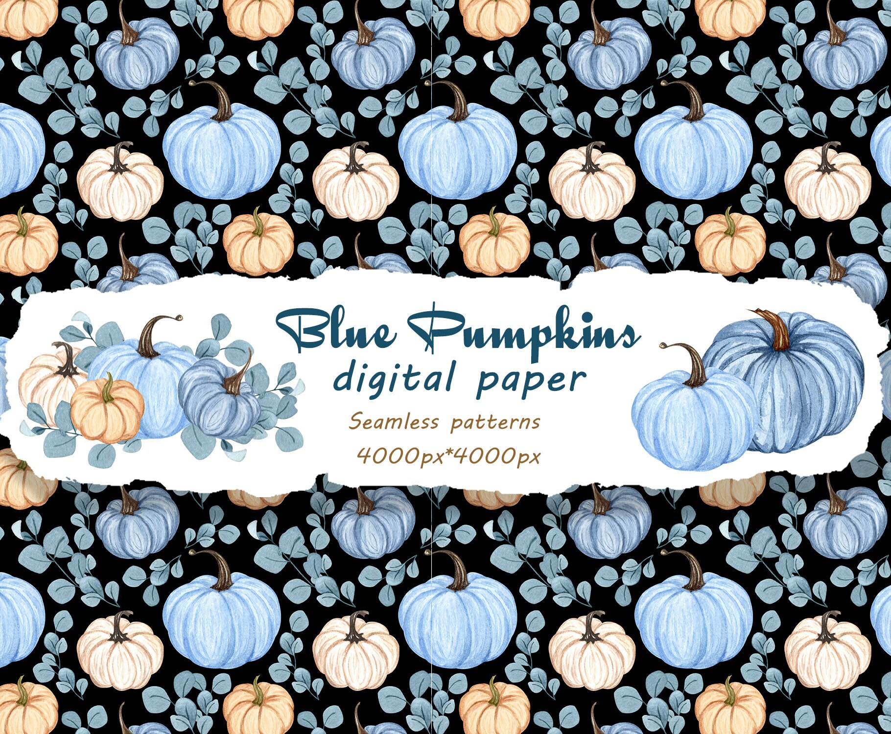 Blue Pumpkins Digital Paper Fall Seamless Patterns. Pumpkins - Etsy