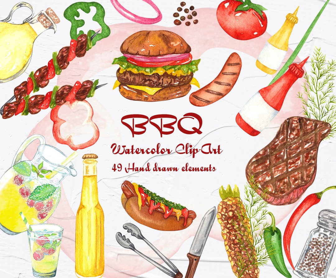 BBQ Watercolor Clipart. Summer Picnic Clipart. Meat Illustration ...
