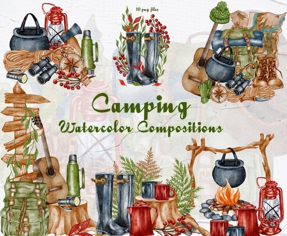 Camping Watercolor Clipart. Woodland Camping Clipart. | Etsy