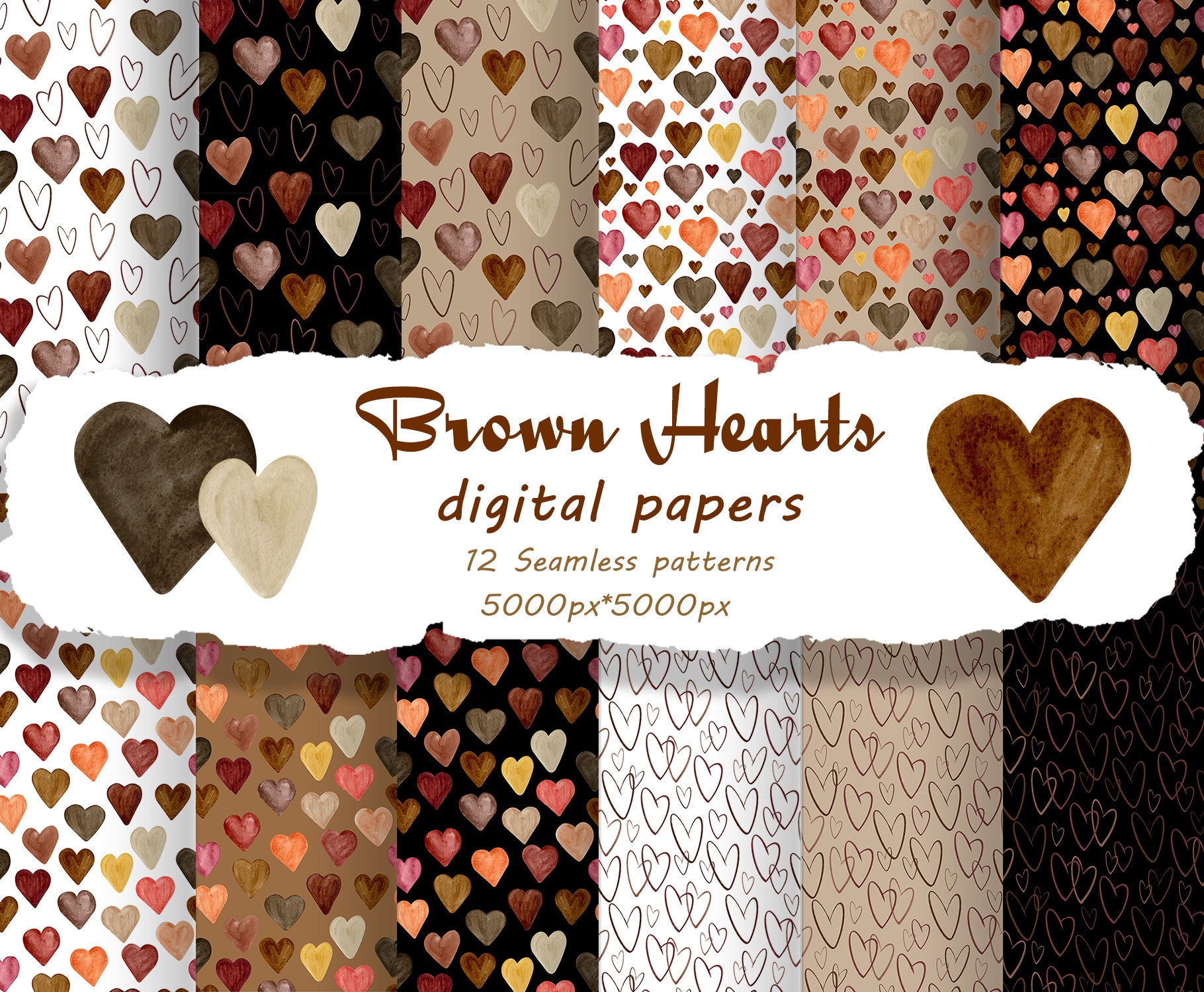 Watercolor Brown hearts clipart. Neutral Hearts clip art. | Etsy
