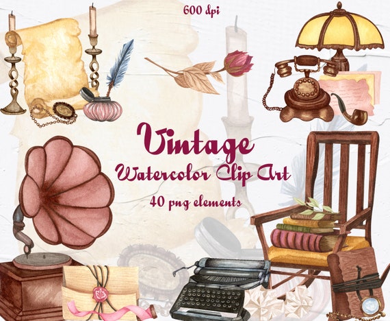 Vintage Objects. Vintage Watercolor Clipart Retro clipart | Etsy