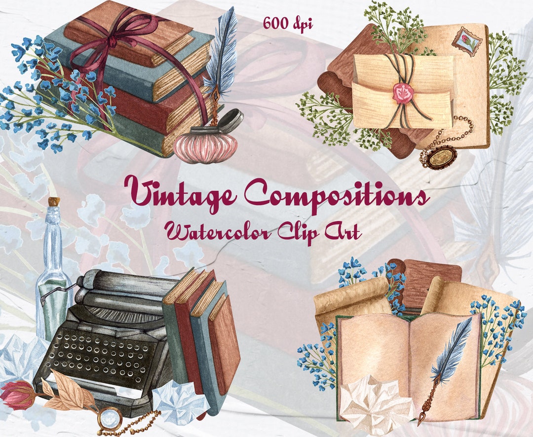 Vintage Books Clipart. Watercolor Books Clipart, Writer Collection ...
